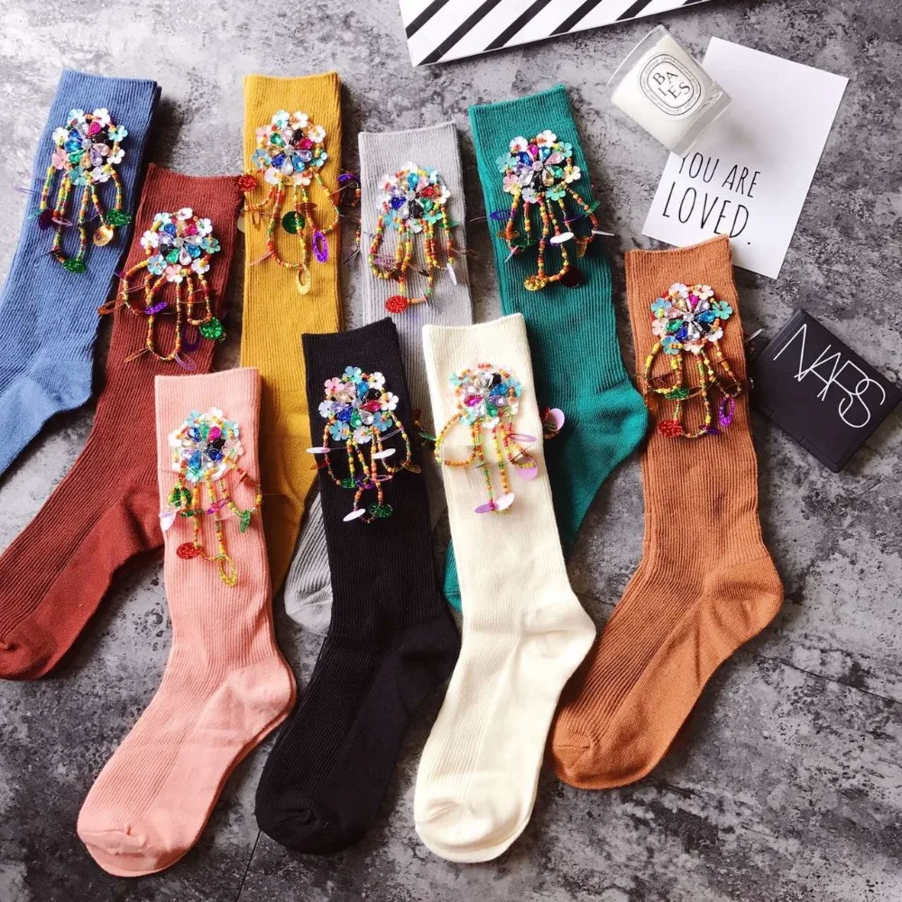 2021 handmade beading sequined cotton socks women autumn and winter ...