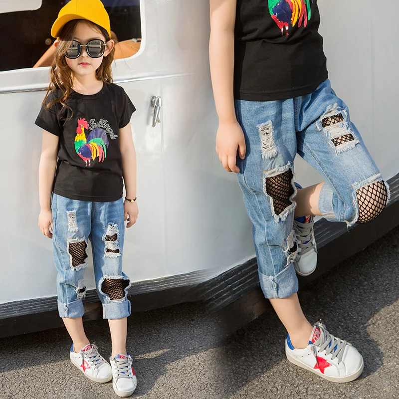 2018 New Spring Summer Baby Girls Jeans Baggy Jeans Ripped Jeans Pants Half Length Pants ...