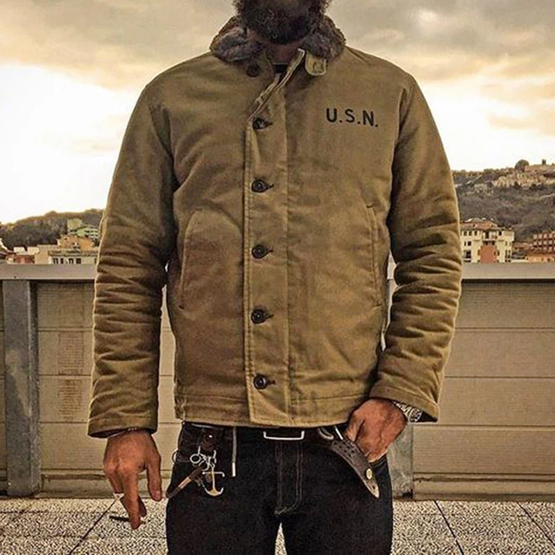 NON-STOCK-Khaki-USN-N-1-Deck-Jacket-Vintage-Style-Winter-Coat-For-Men ...