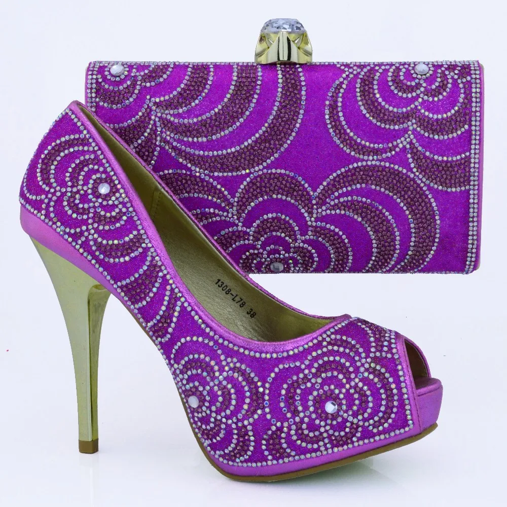 New Arrival Purple Color Matching Italian Shoe and Bag Set Decorated ...