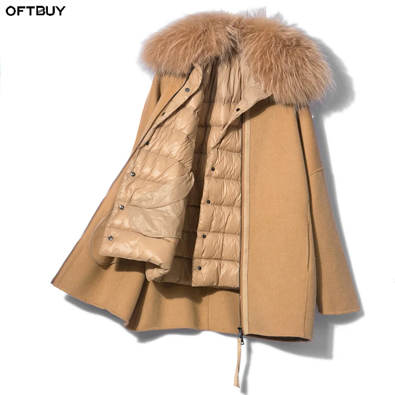 OFTBUY 2018 Winter Jacket Women Real Fur Coat Parka Natural Raccoon Fur Collar Wool Double sided ...