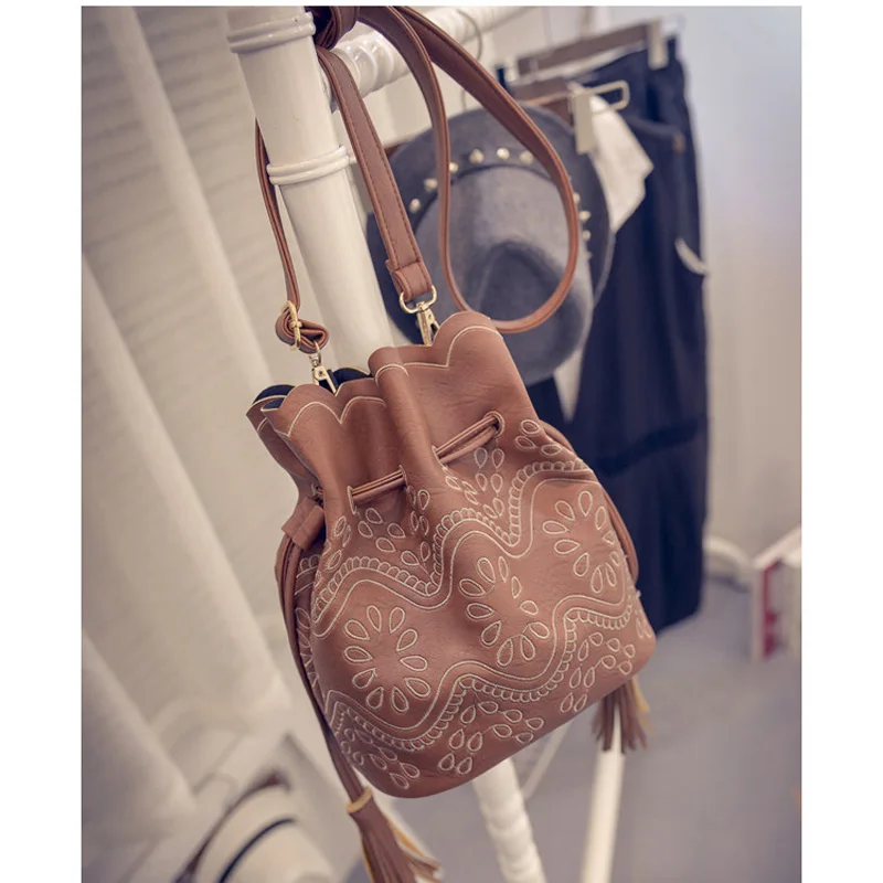 Drawstring Bag Women Shoulder Bag Crossbody Ruffles Soft Leather ...