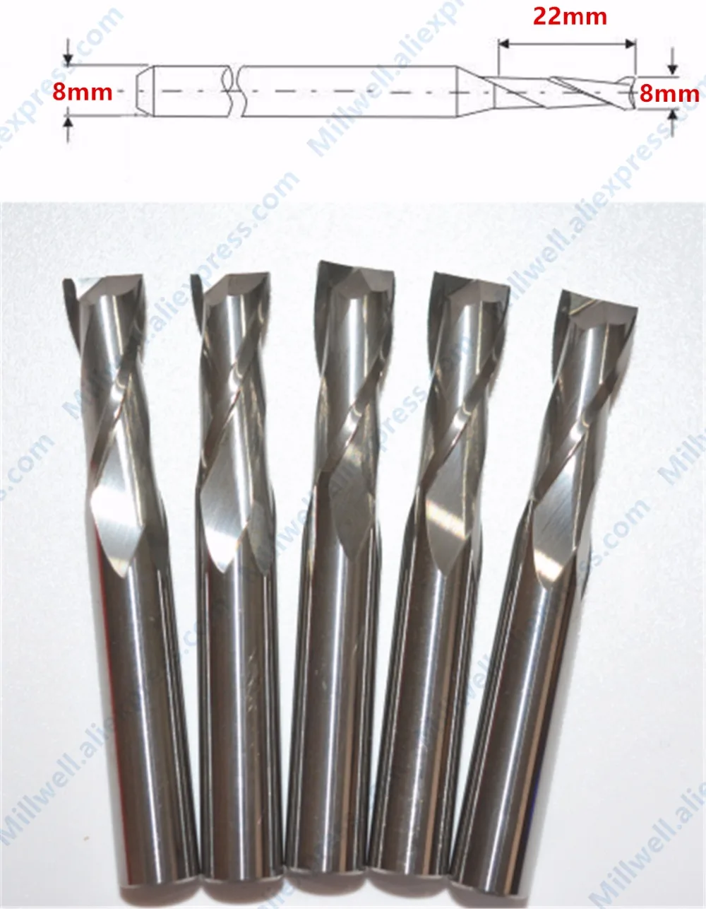 8mm*22mm 5pcs,Free shipping 2 flutes spiral end mill,woodworking router ...