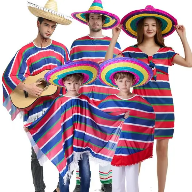 Halloween Adults Kids children Mexico costume dress Cape Straw hat ...