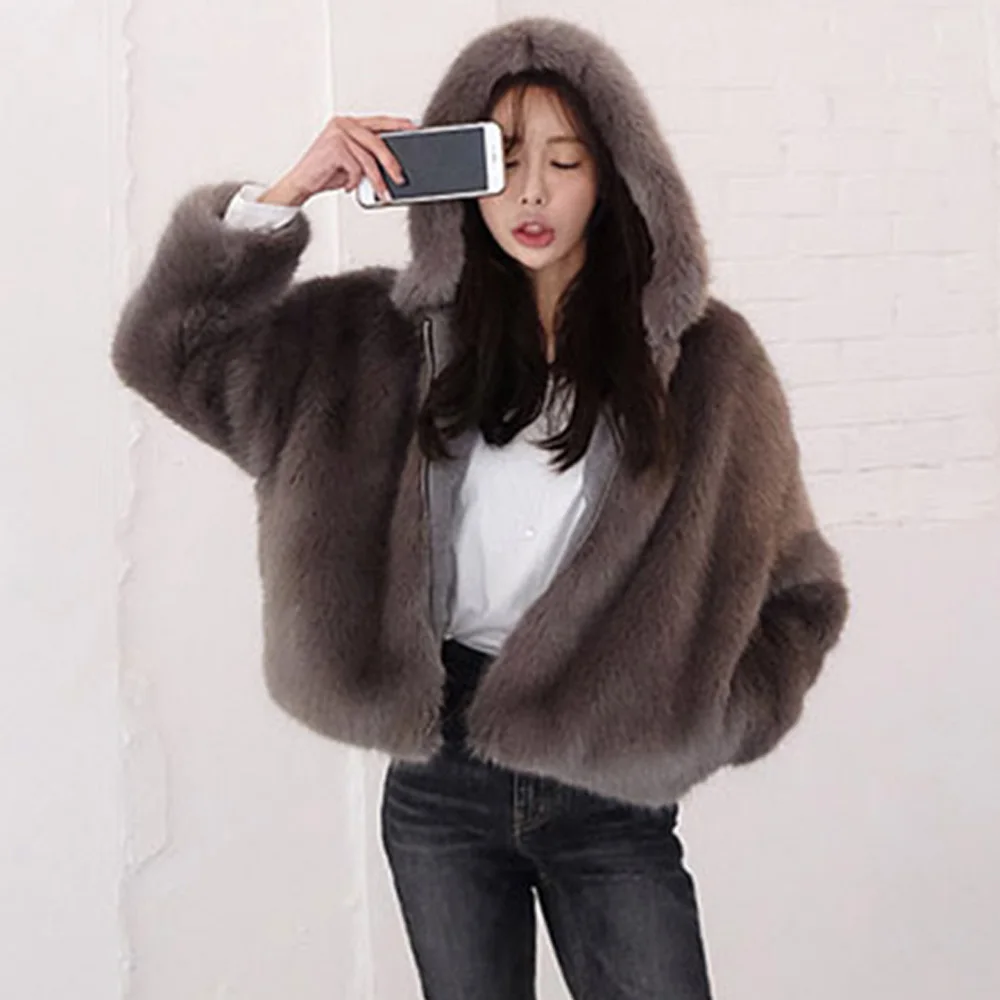 Korea Mit Kapuze Faux Fuchspelz Jacke Langarm Warm Faux Fell Dick ...