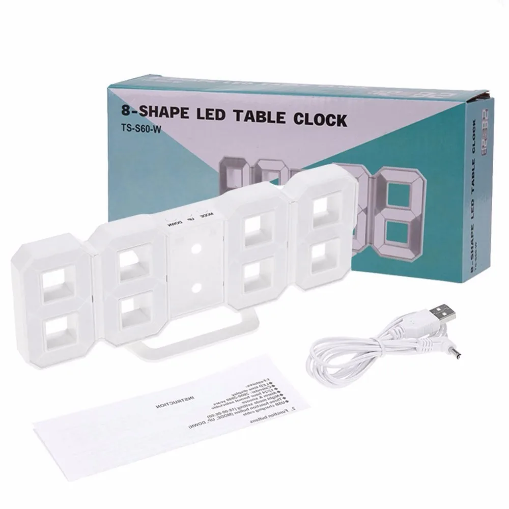 LED Digital Alarm Clocks Big Digit 3D Wall Clock 8 Shape Electronic ...