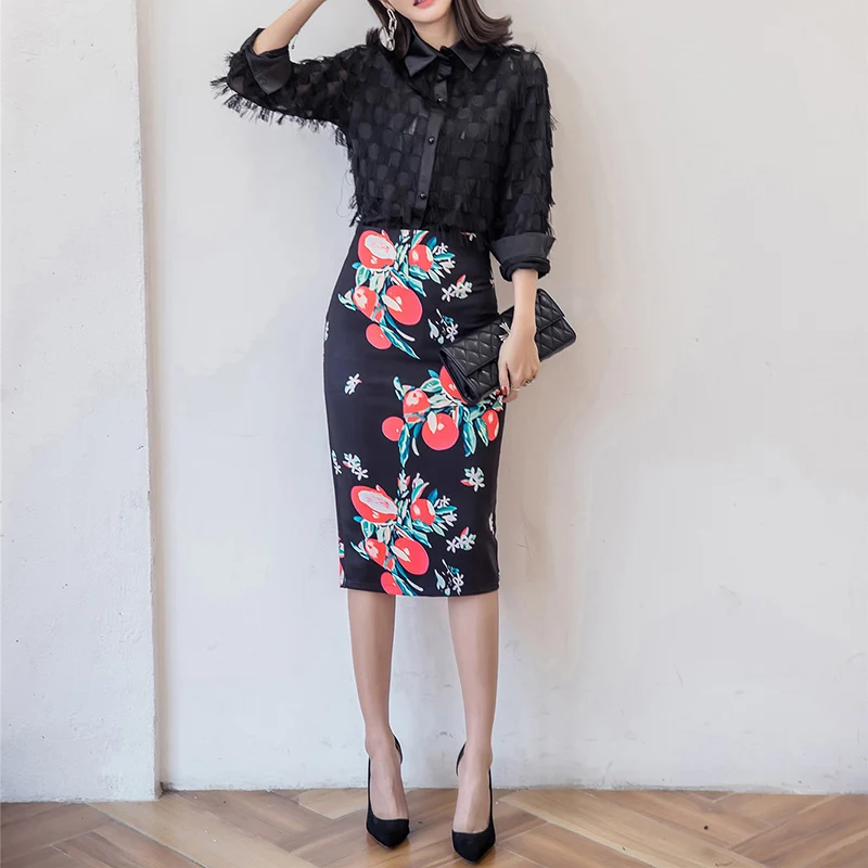 Autumn Women Sexy Flower Pencil Skirts 2018 Vintage High Waist Mid Calf