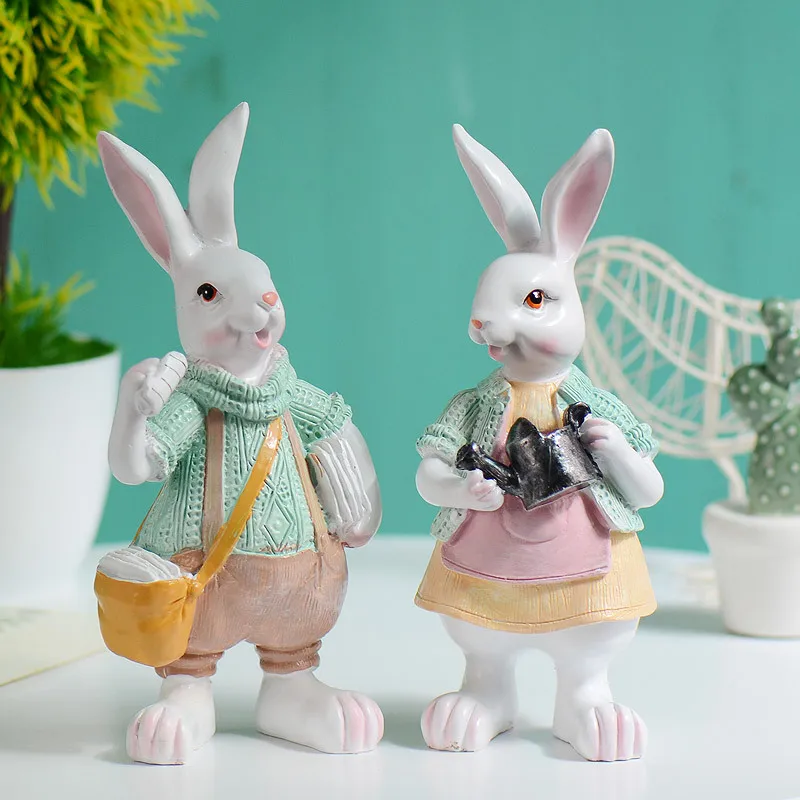 Pastoral Rural Fresh Couple Rabbit Figurines Resin Statues Ornament ...