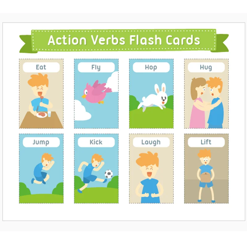 4Pcs/Set English Action Verbs Word Cards A4 Flash Card Preschool ...