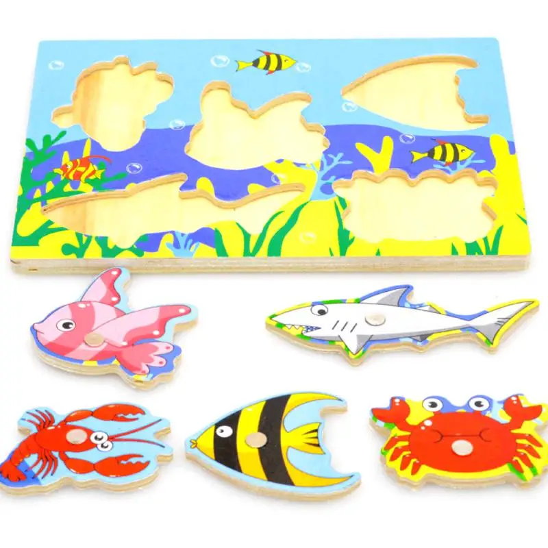 Wooden Magnetic Fishing Game 3D Jigsaw Puzzle Toy Wood Fish Toys Kids ...