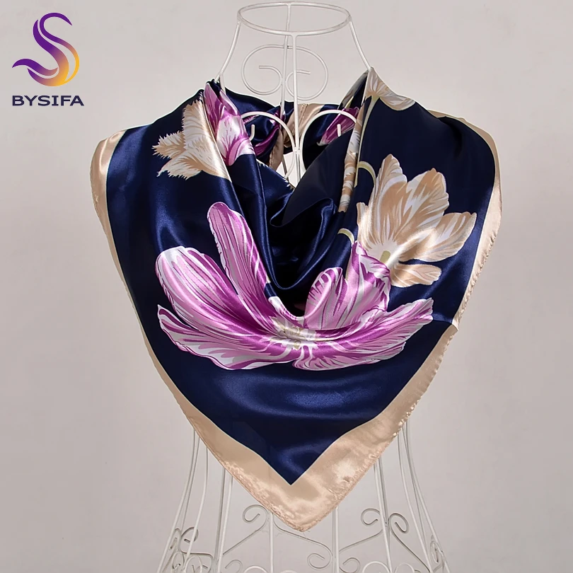 Bysifa 신제품 블루 순수 실크 새틴 스카프 숄 여성 브랜드 플로랄 디자인 라지 스퀘어 스카프 우아한 이슬람 여성