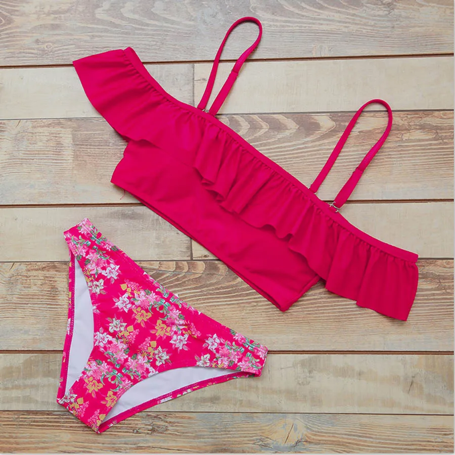 Red Floral Print Ruffled Bandeau Bikini Set Off Shoulder Bikinis Women