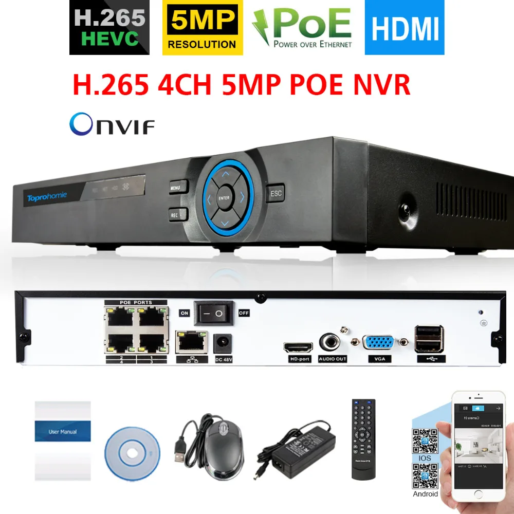 48V H.265 4Channel 5MP POE NVR Recorder 4CH XMEYE P2P ONVIF Network NVR ...
