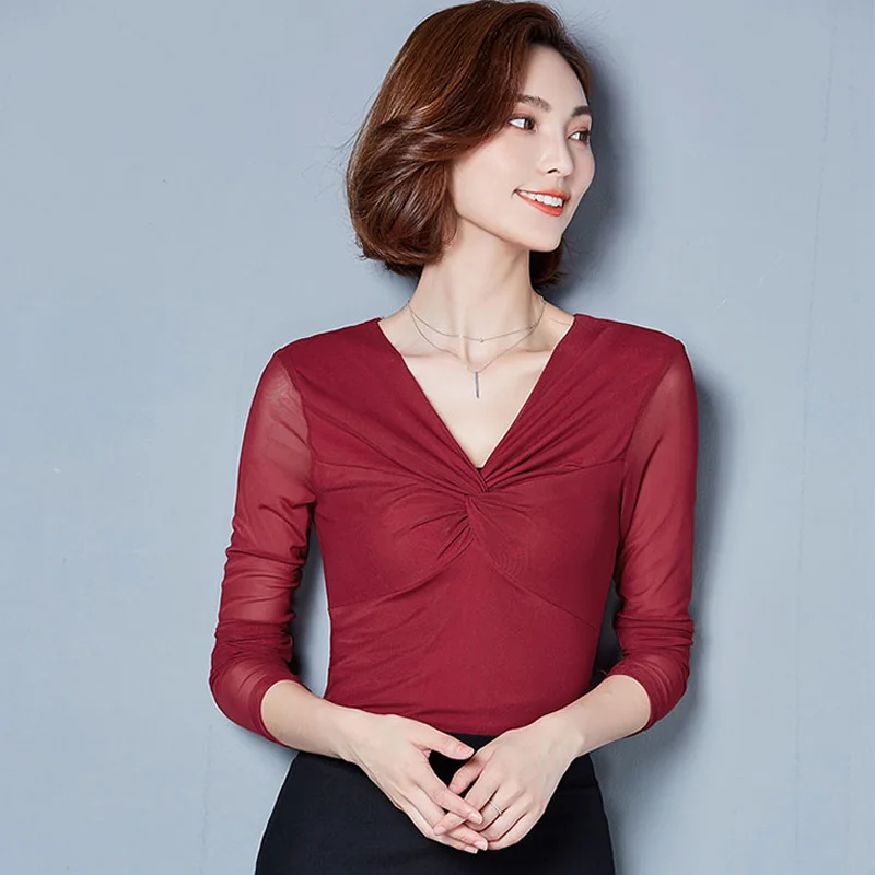 Women Mesh Tops 2018 New Spring Autumn Long Sleeve Deep V Neck Sexy ...
