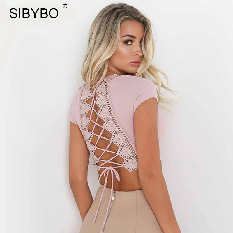 Sibybo Pink Criss Cross Lace Up Crop Tops Women 2017 Summer Deep V Neck