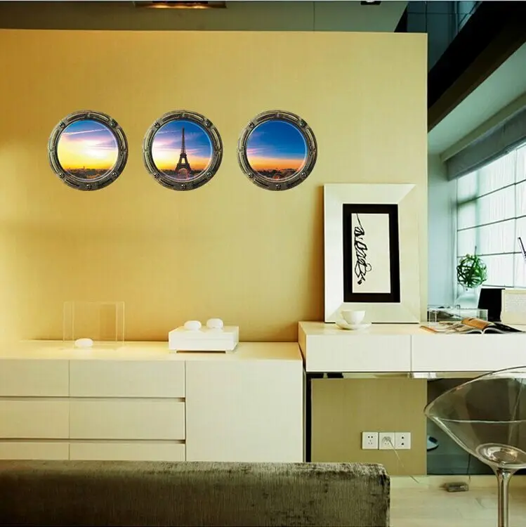 3D Simulation Creative Windows Scenery Eiffel Tower Dawn Wall Stickers ...