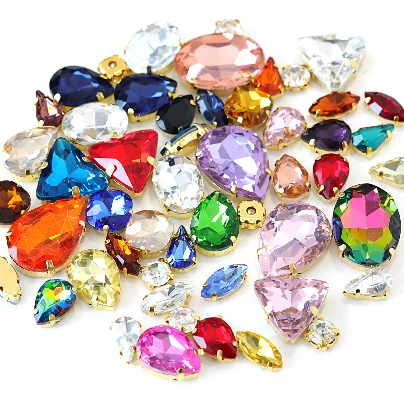 50pcs/pack Mixed Colors Shapes Glass Sew On Rhinestones With Gold Claw ...