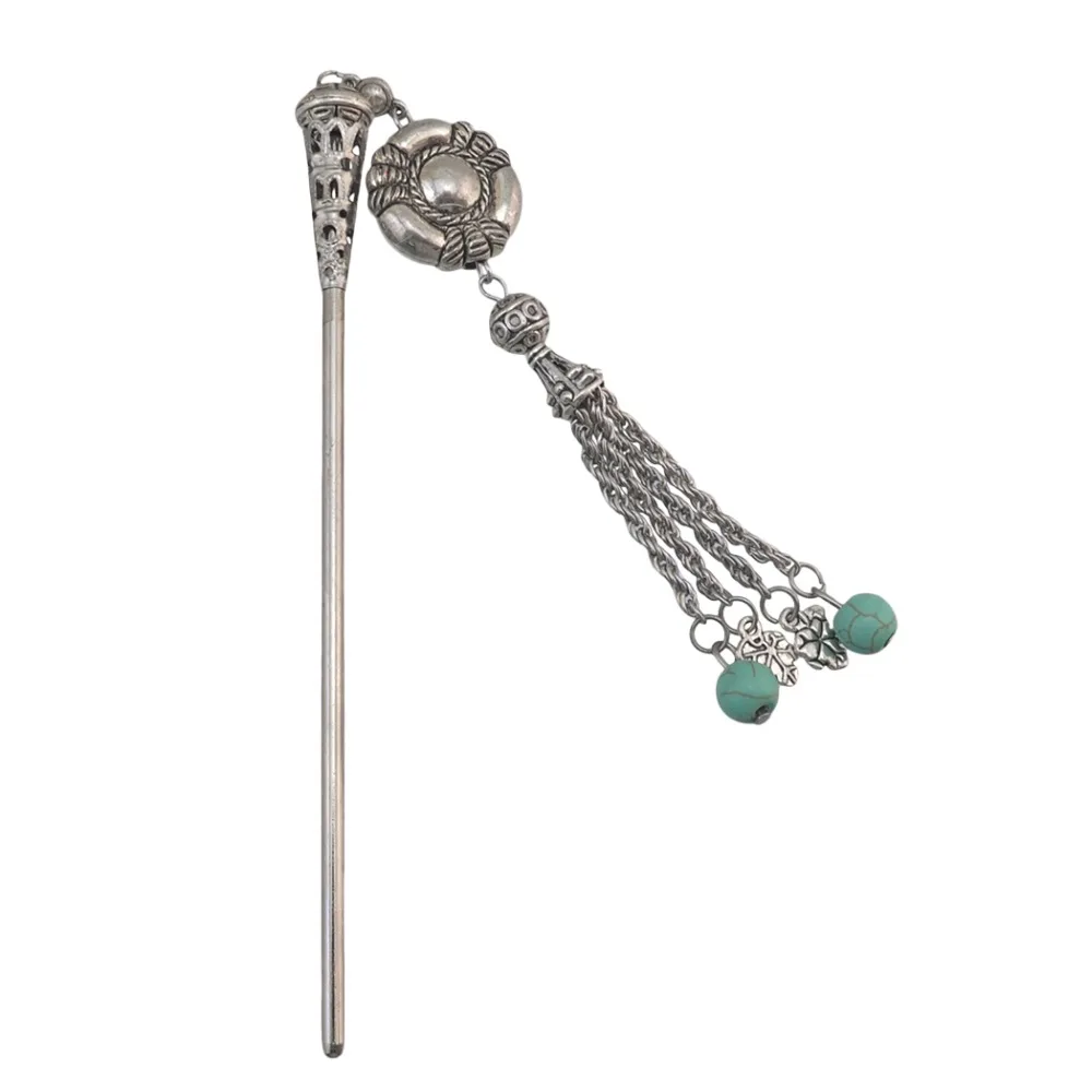 Gypsy ชาติพันธุ์เงิน Vintage ยาวพู่ดอกไม้จี้โลหะ Sticks ผมสำหรับเจ้าสาว ...