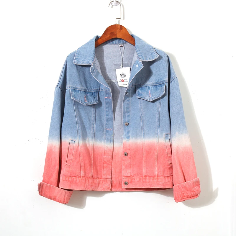 Gradient Color Denim Jacket Women Boyfriend Style Loose Lapel Long ...