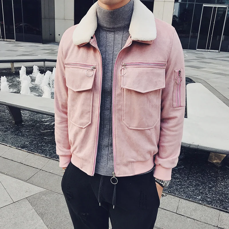 Mens Bomber Jackets Mens Pink Fur Coat Mens Winter Jacket Short Slim ...