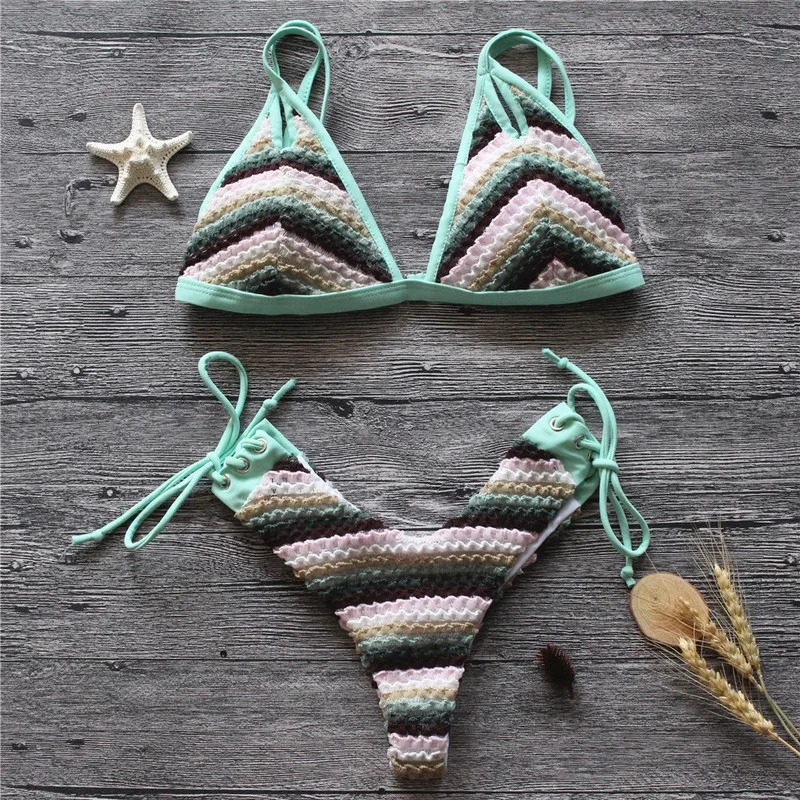 Thong Bikinis Women Swimwear Female Swimsuit Low Waist Halter Stripe