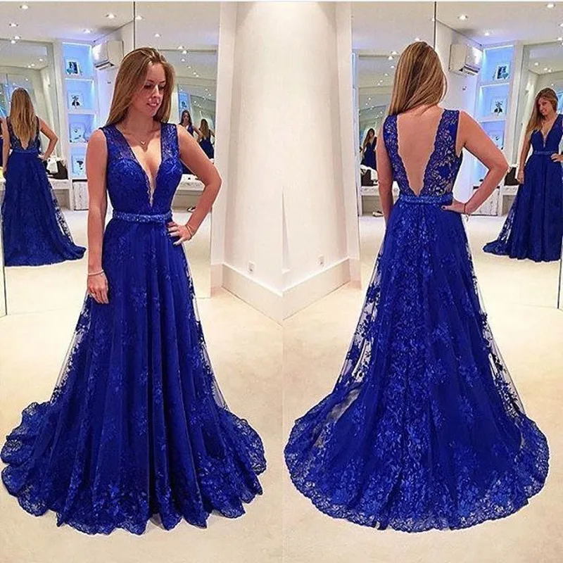 Royal Blue Una Línea de Vestidos de Noche Largos 2017 Doble V Profundo ...