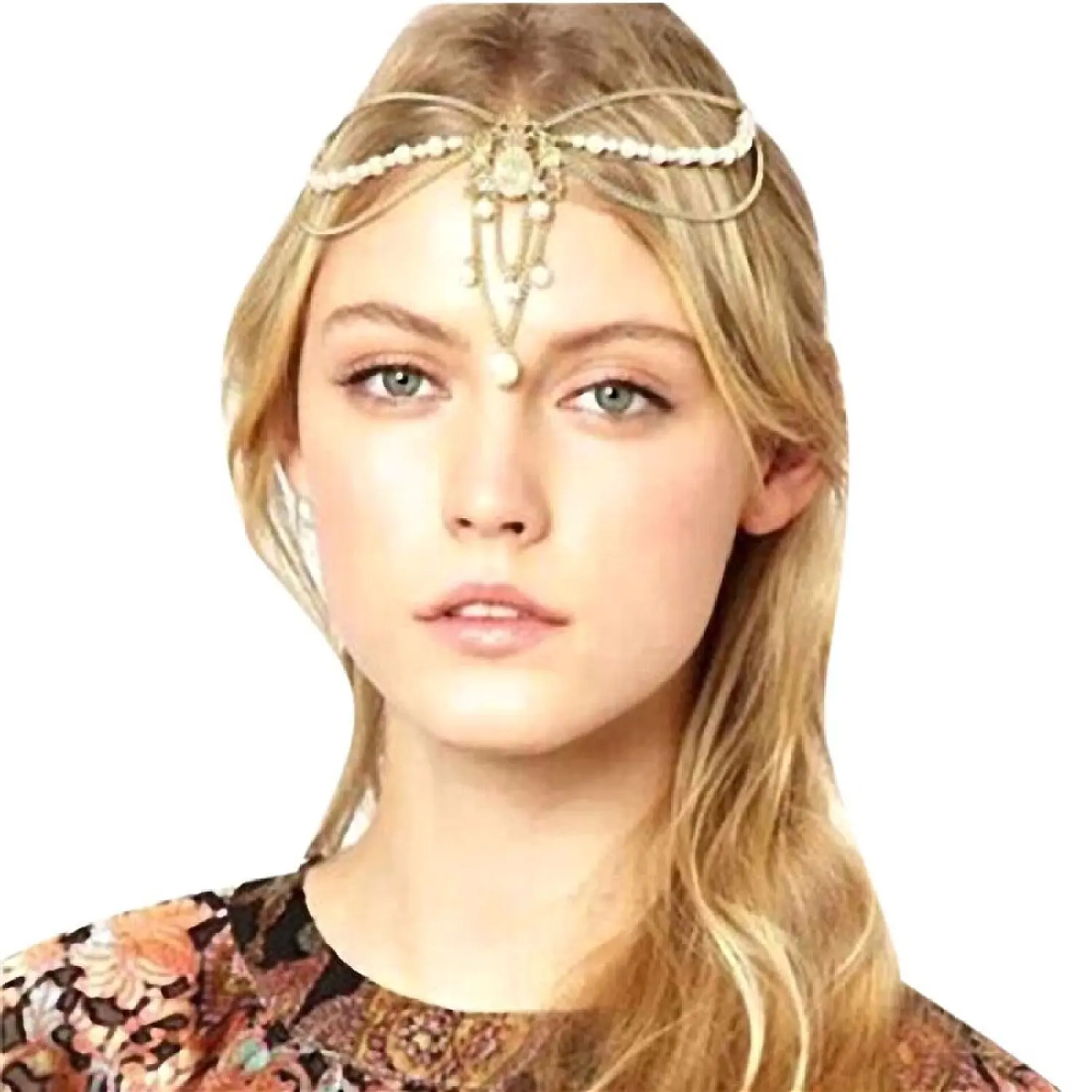 Fashion Women Metal Chain Jewelry Headband Head Hair Band Tassels Pearl