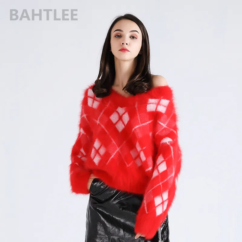 BAHTLEE-Women's Angora Knitted Pullovers, V-Neck Sweater, Mink Cashmere ...