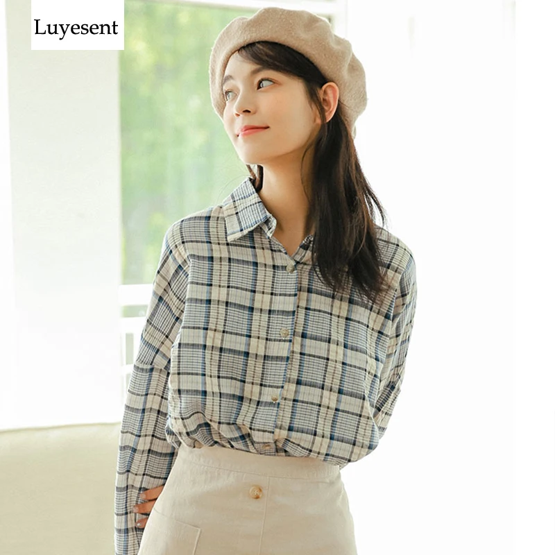 Women Plaid Turn down Collar Preppy Style Blouses Shirts Female Single ...
