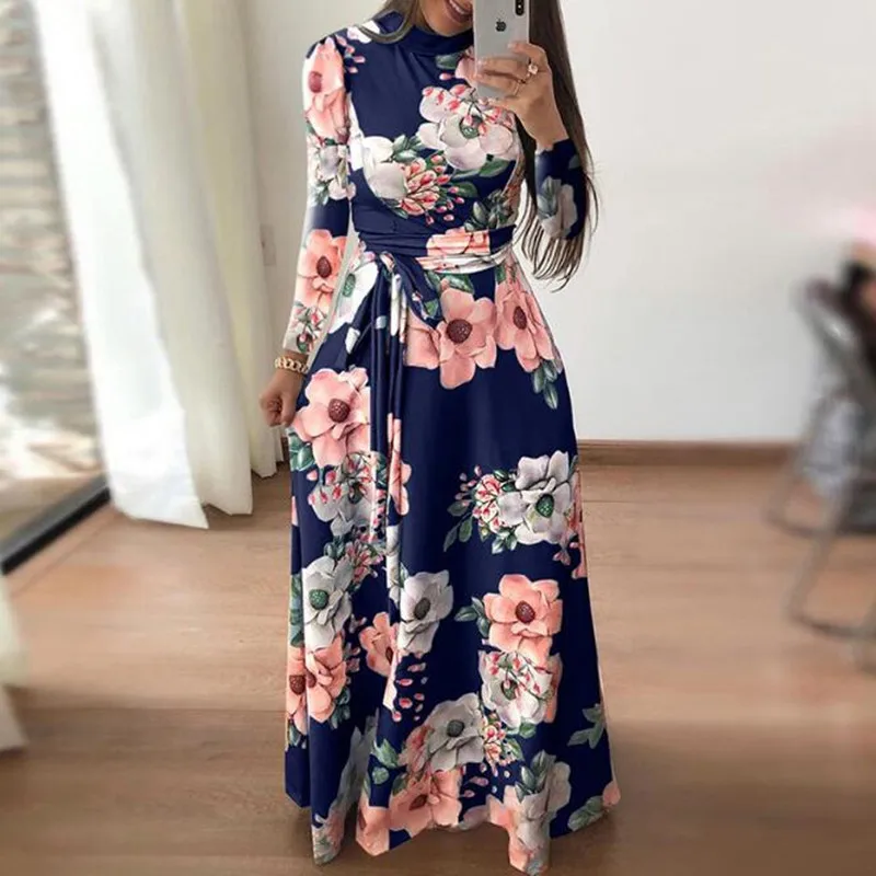 Wipu Fashion Floral Print Casual Loose Maxi Dress Women 2019 Autumn