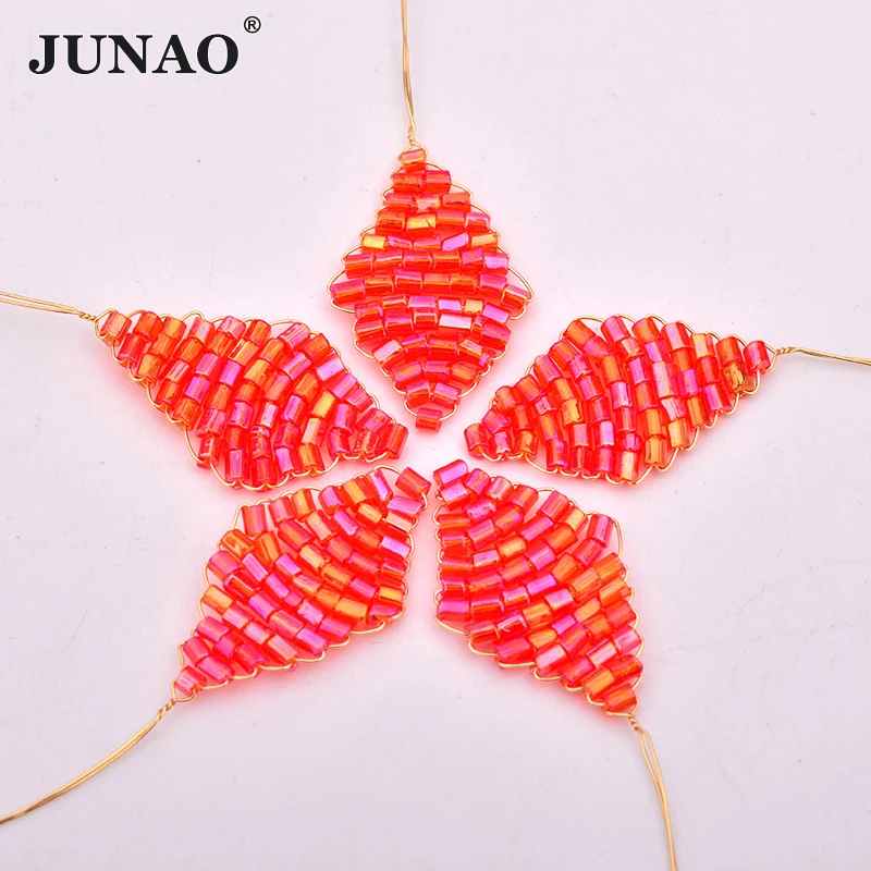 JUNAO 6pcs 12x20mm Sewing Red AB Glass Rhinestones Beads Sew On Rhombus ...