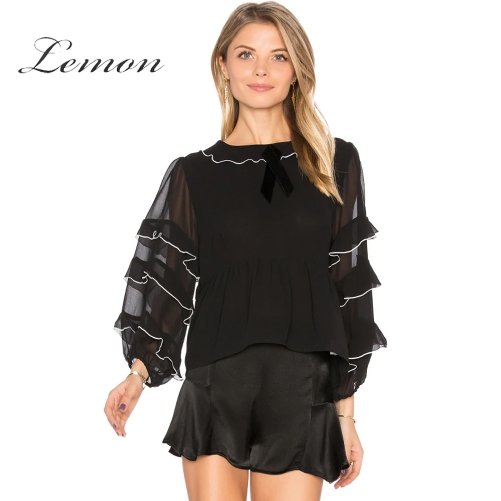 Buy Lemon Sweet Ruffles Chiffon Women Blouse Hollow