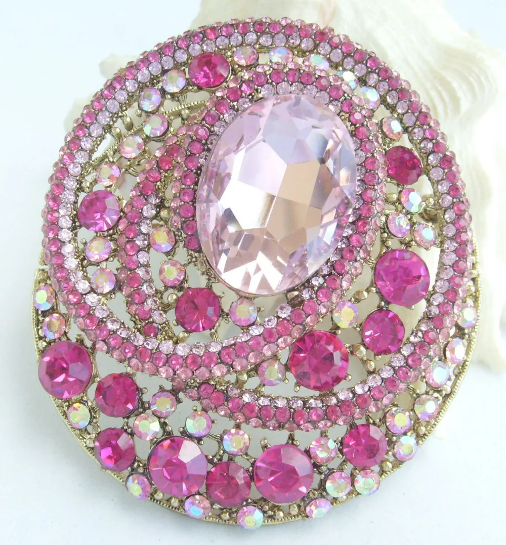 3.15" Gorgeous Teardrop Brooch Pin Pink Rhinestone Crystals EE05956C3 ...
