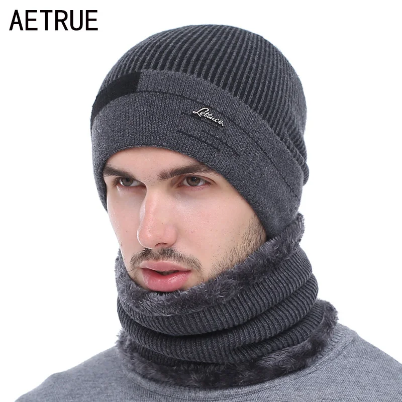 Aetrue skullies gorros masculinos cachecol de malha, gorro masculino plus gorros de lã quente ...