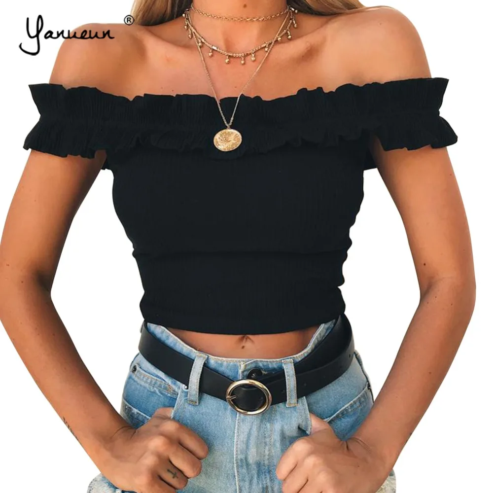 Yanueun 2018 Sexy De Slash Neck Strapless Off Ombro T Shirt Mulheres