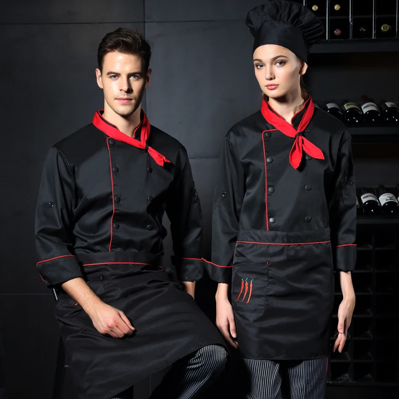 New Unisex Bakery Chef Uniform Long Sleeved Black Red Restaurant Cook ...