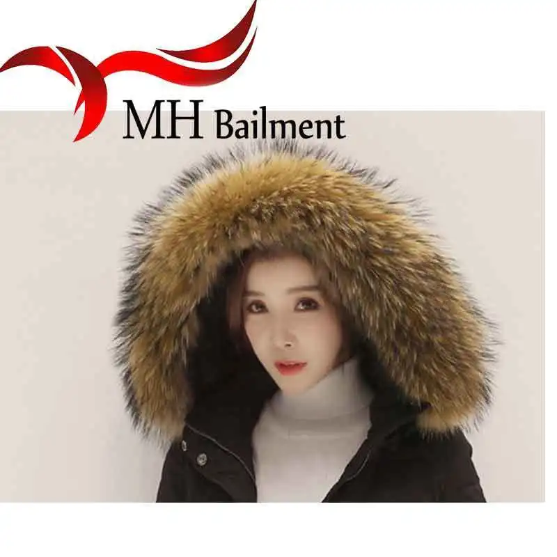 Natural Real Raccoon Fur Collar Winter Warm Coat with Fur Scarf Collar Coat Neck hooded Cap Warm ...