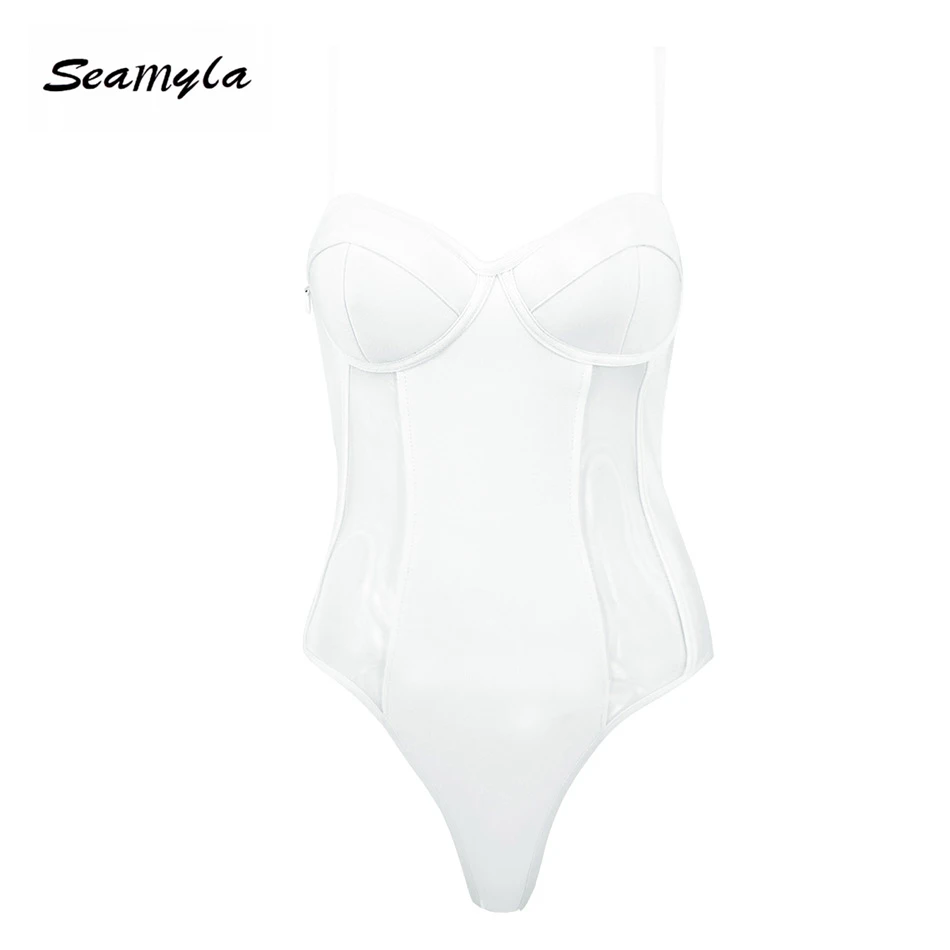 Seamyla Sexy Bandage Bodysuits Women Mesh White Bodysuit Bodycon Summer ...