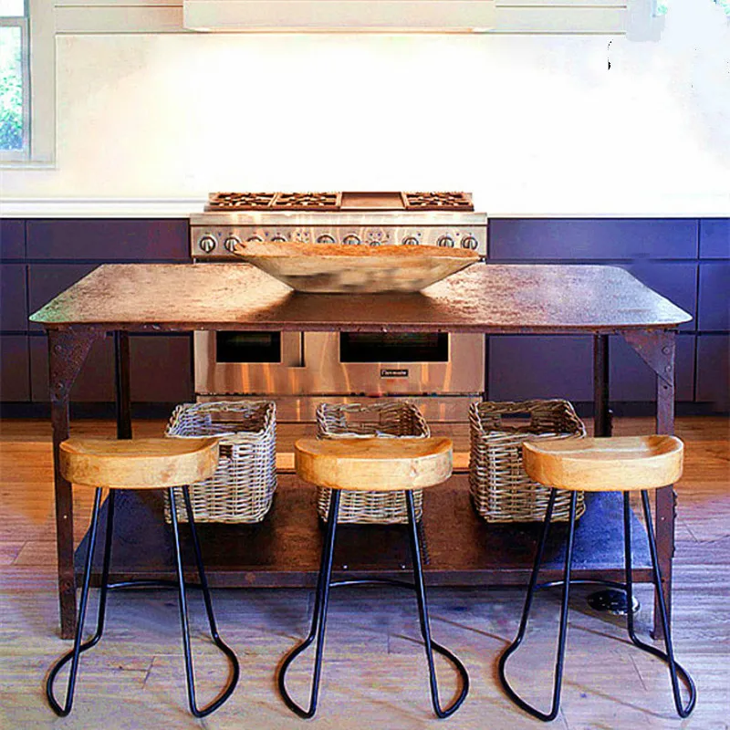 Modern simple iron foot stool surface solid wood bar stool home high ...