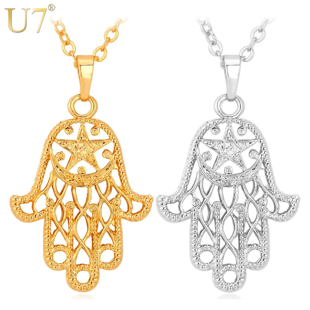 U7 Hand of Fatima Pendant Gold Color Unisex Women/Men Jewelry Pentacle ...