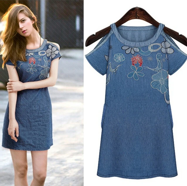 Women Sexy Denim Dresses Off The Shoulder Embroidery Plus Size Blue