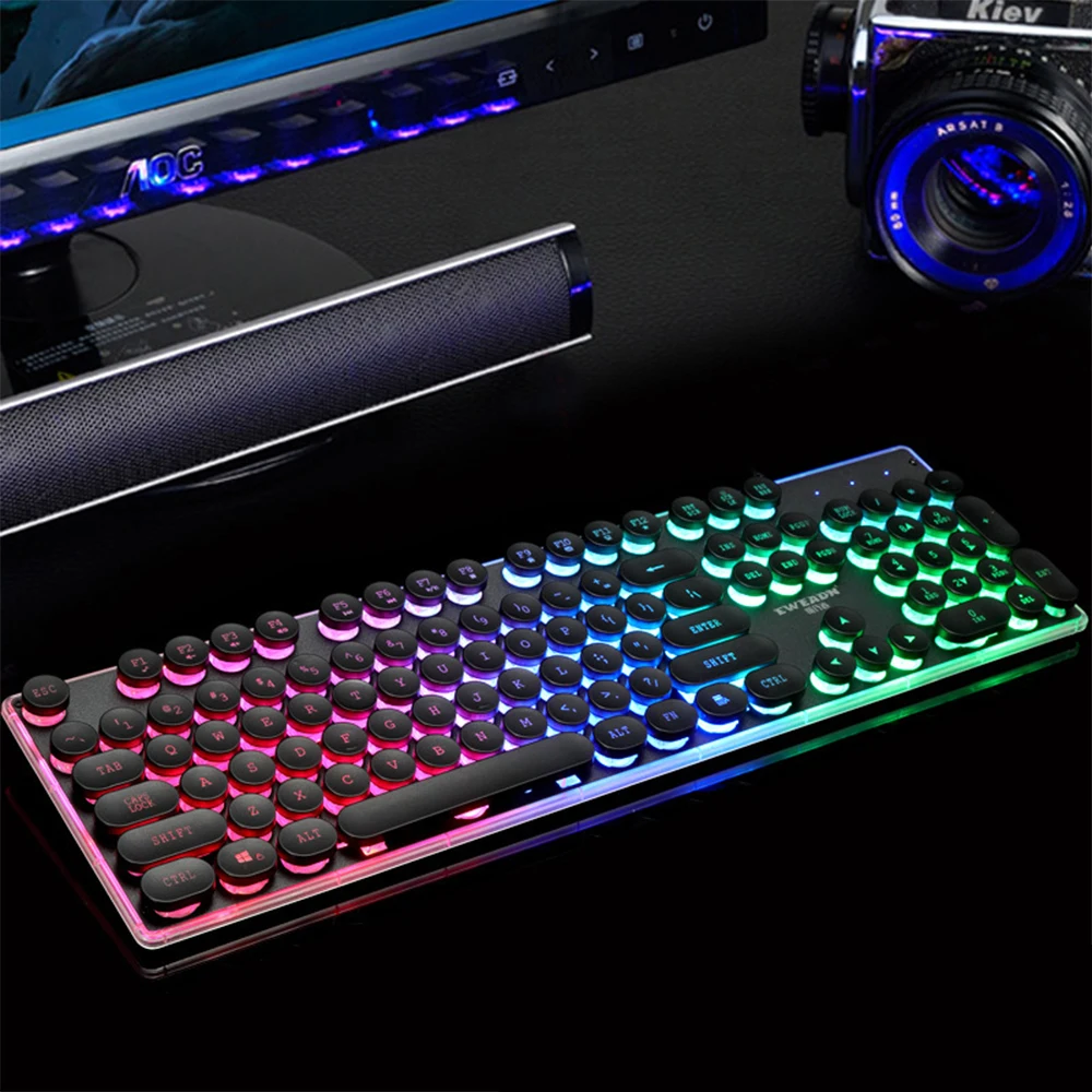 NEW Cool Gaming Keyboard Retro Round Glowing Keycap Metal Panel Backlit ...