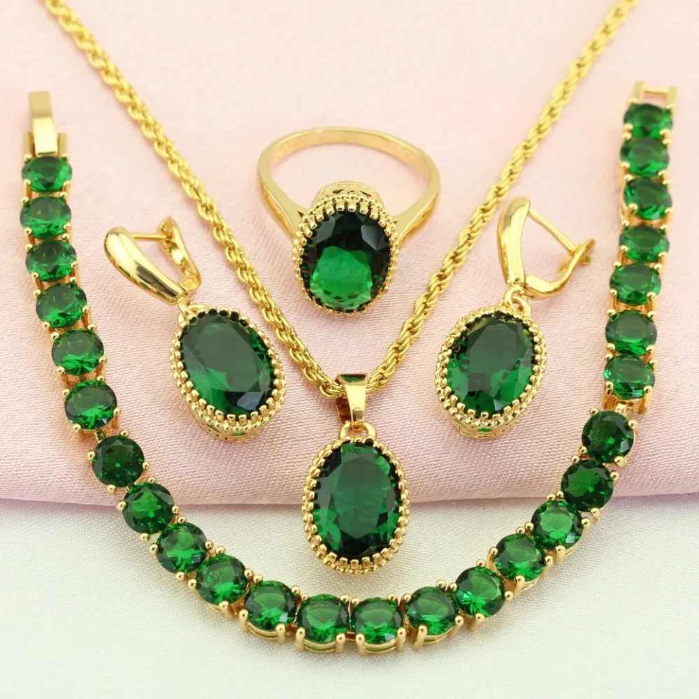 WPAITKYS Trendy Oval Green Cubic Zirconia Gold Color Jewelry Set For ...