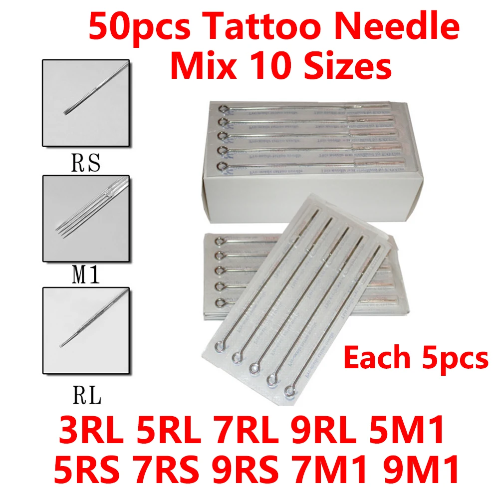 New 50pcs Assorted Sterilized Tattoo Needles Mixed 10 Sizes 3RL 5RL 7RL ...