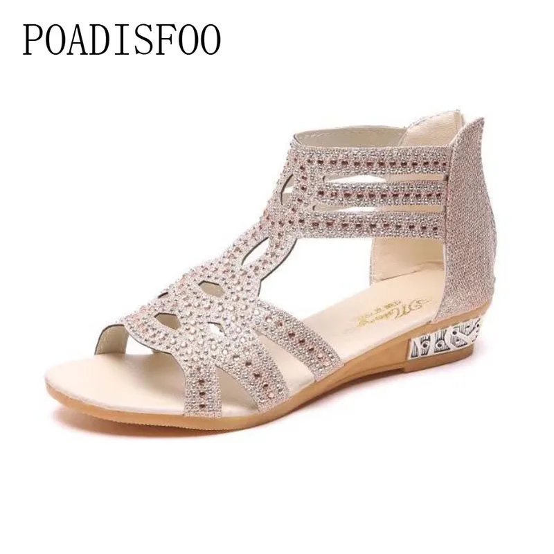 Poadisfoo 2018 Summer Womens Gold Sliver Wedges Platform Sandals