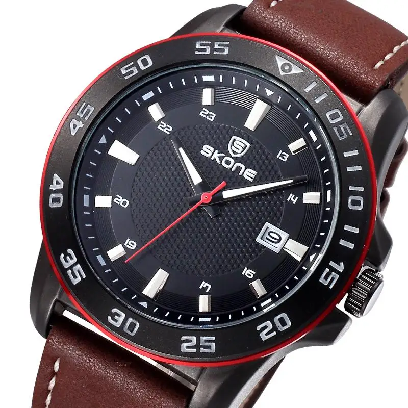 Genuine Leather Watches Men Luxury Brand SKONE Calendar Quartz Watches ...