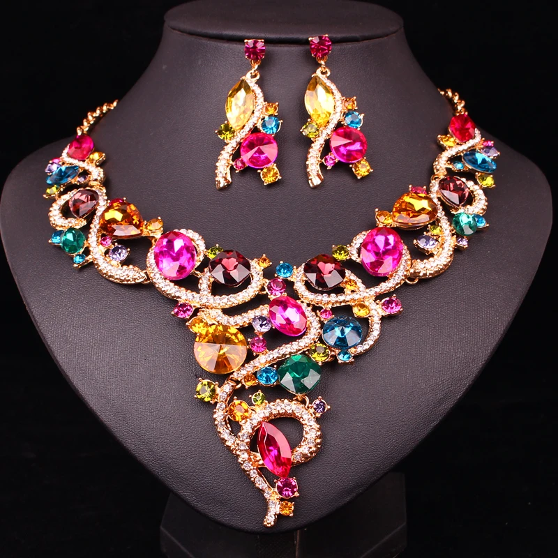 Gorgeous Crystal Necklace Earrings Sets Snake shape Jewelry Sets Indian ...
