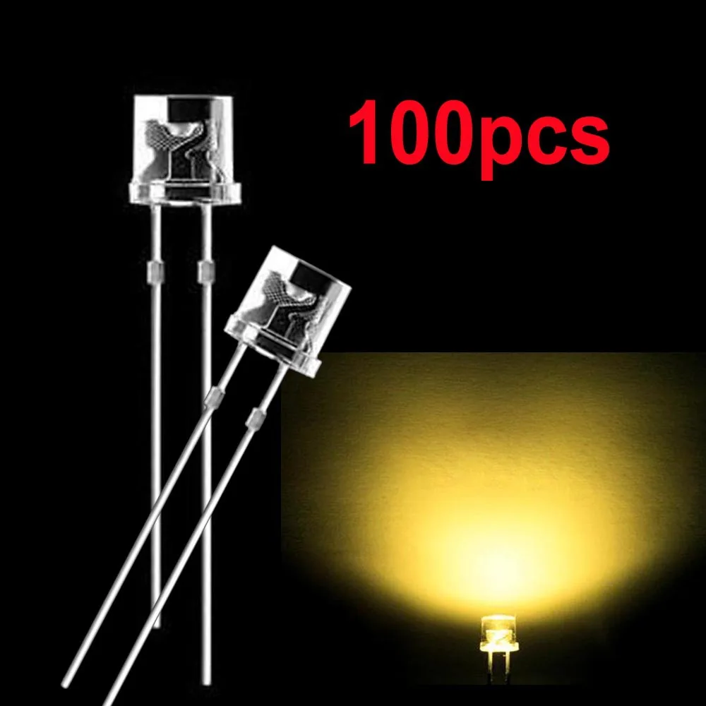 100pcs/lot 5mm Yellow 2 Pins Flat top DIP LED Diodes Clear Super Bright ...
