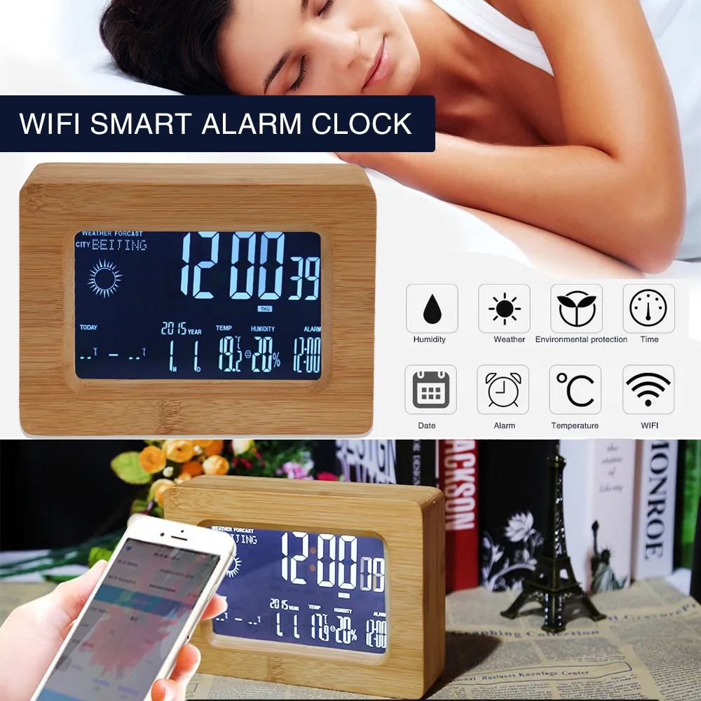 LED Display Digital Alarme De Madeira Relógio Inteligente Wi fi LCD ...