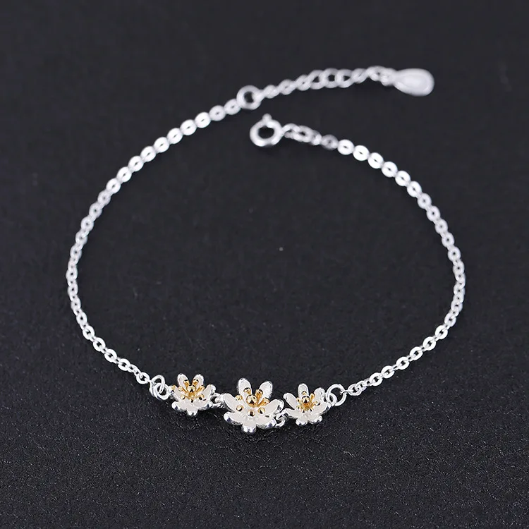 Pulsera plateada de plata de ley S925 de moda femenina con flores ...